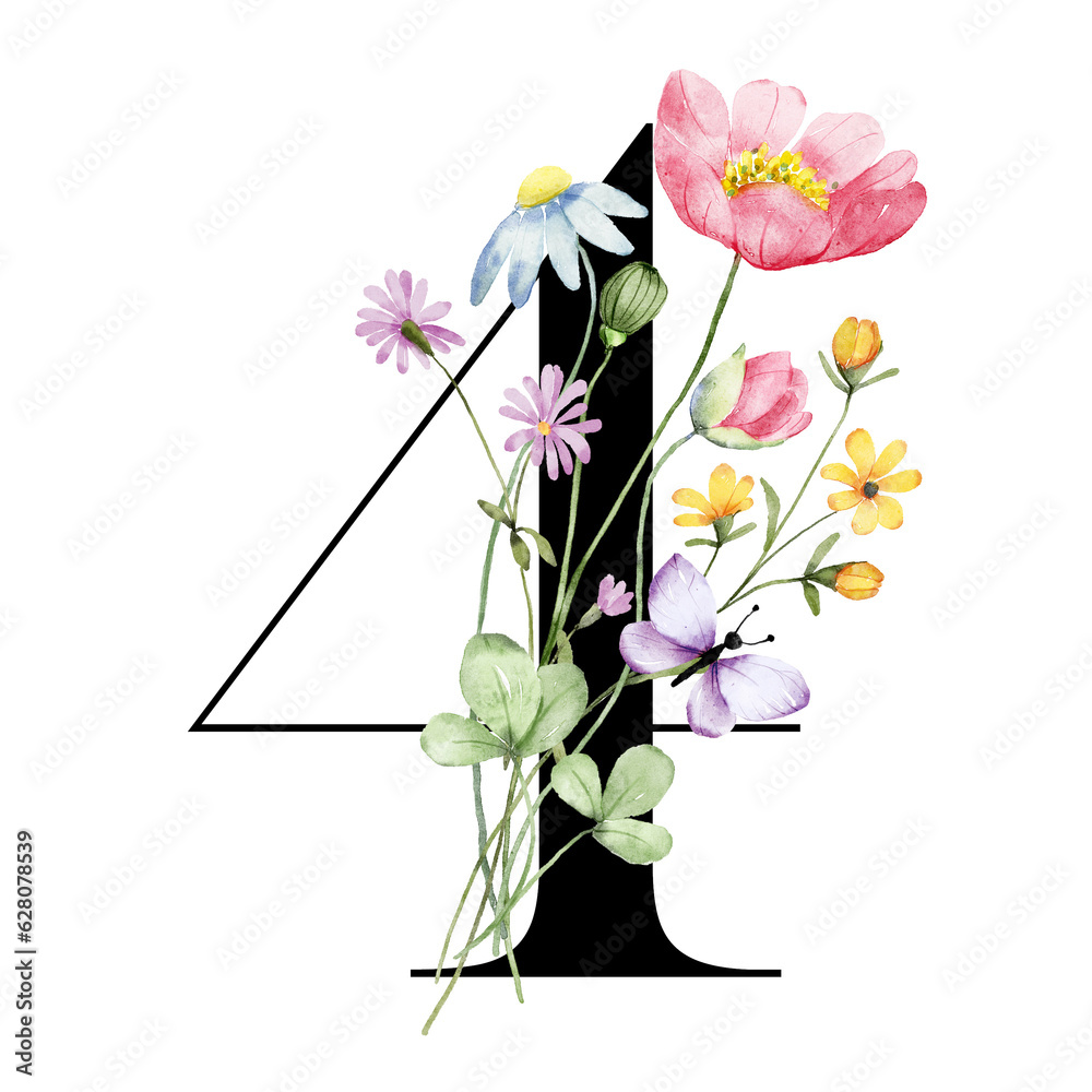 Number 4, four with watercolor flowers hand painting. Perfectly for ...