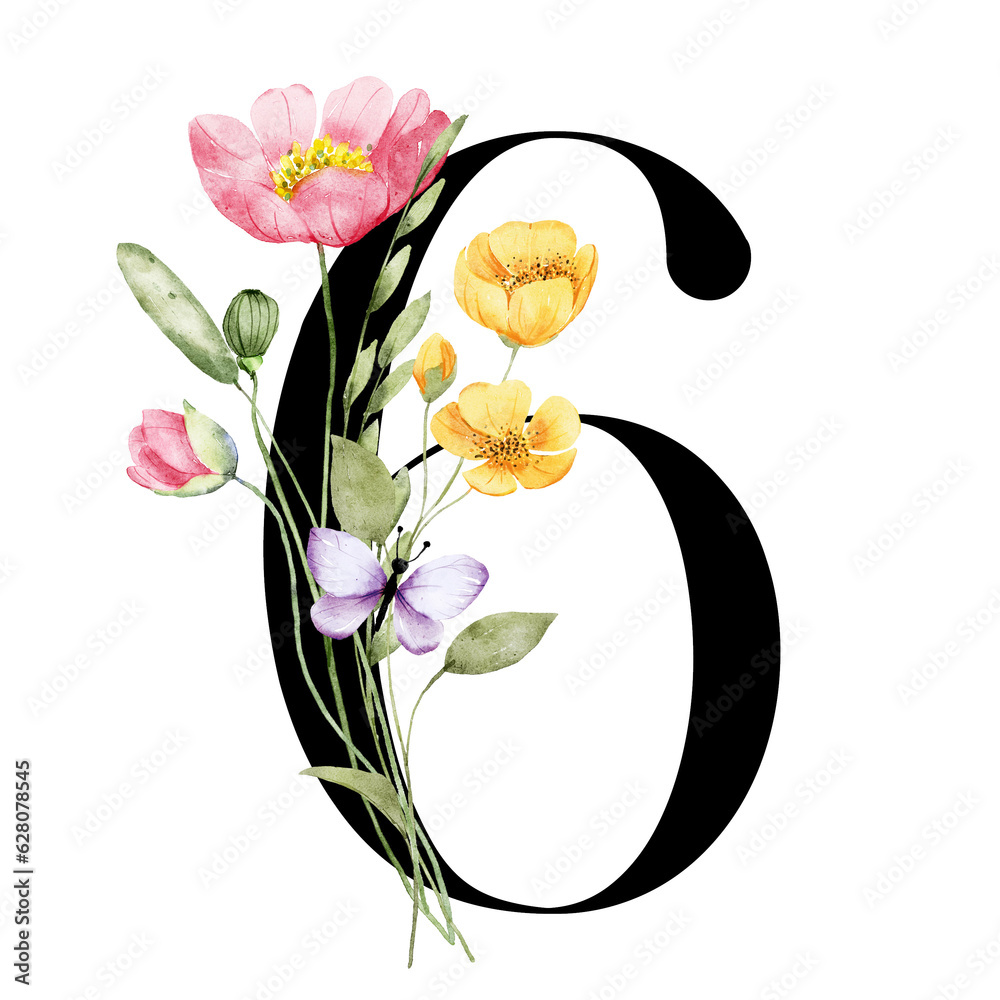 Number 6, six with watercolor flowers hand painting. Perfectly for ...