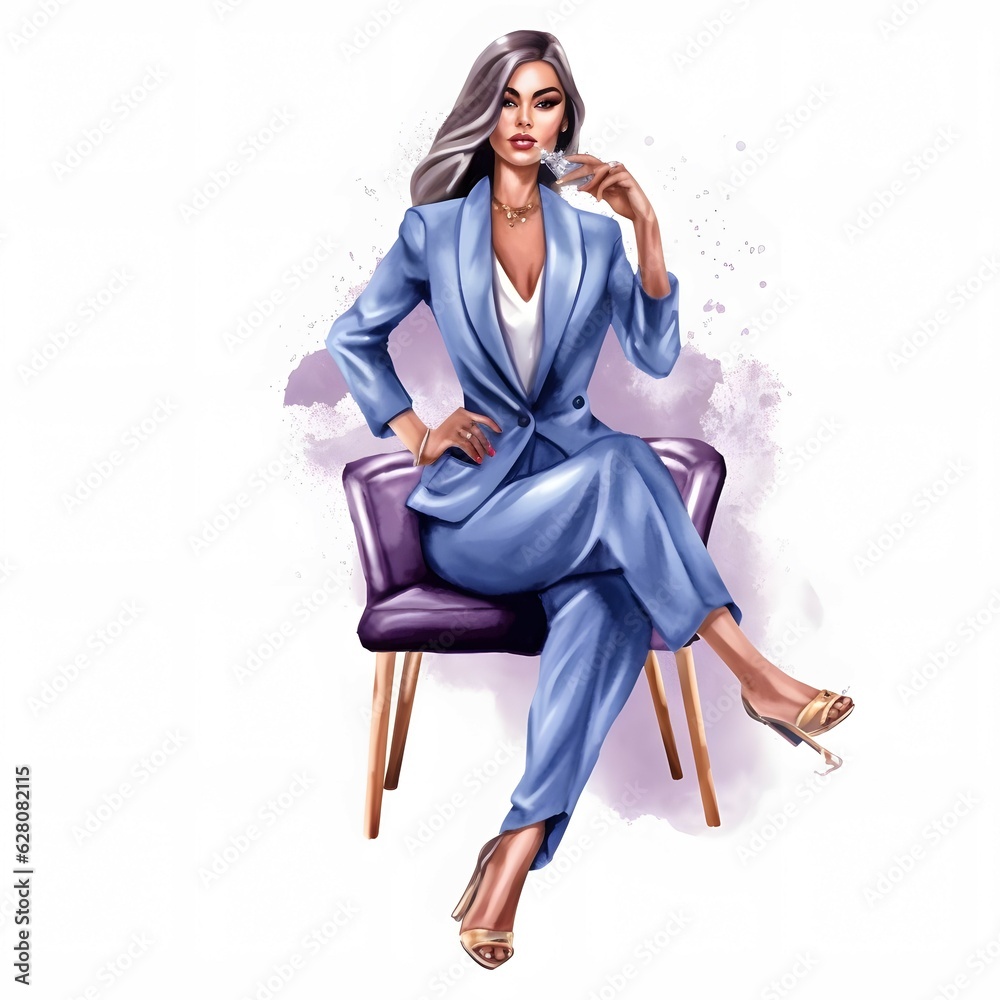 create a hand drawn watercolor clipart of a glamorous boss lady in this ...