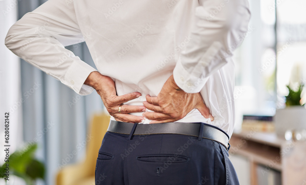 Man, office and back pain with injury or stress from accident or tired ...