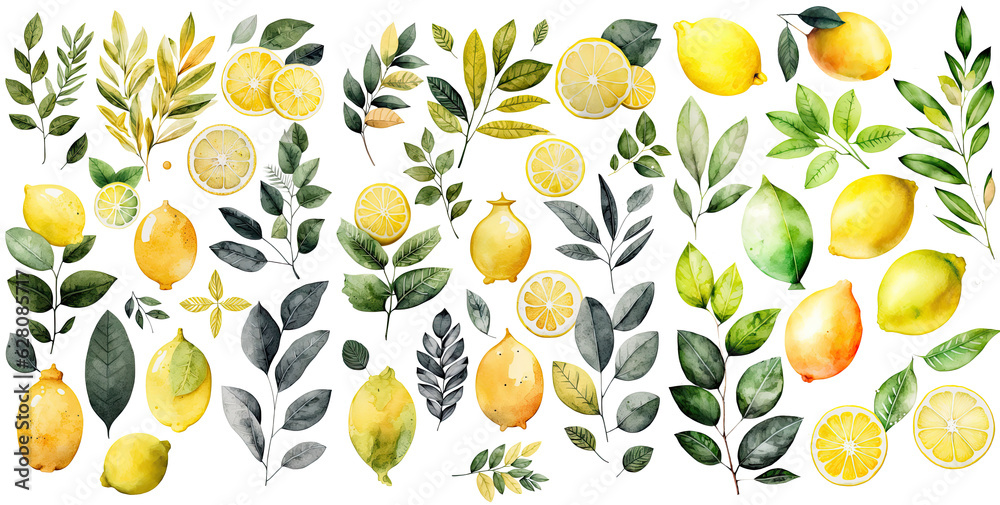 Set of Lemon watercolor collection of hand drawn, Lemon yellow, orange ...