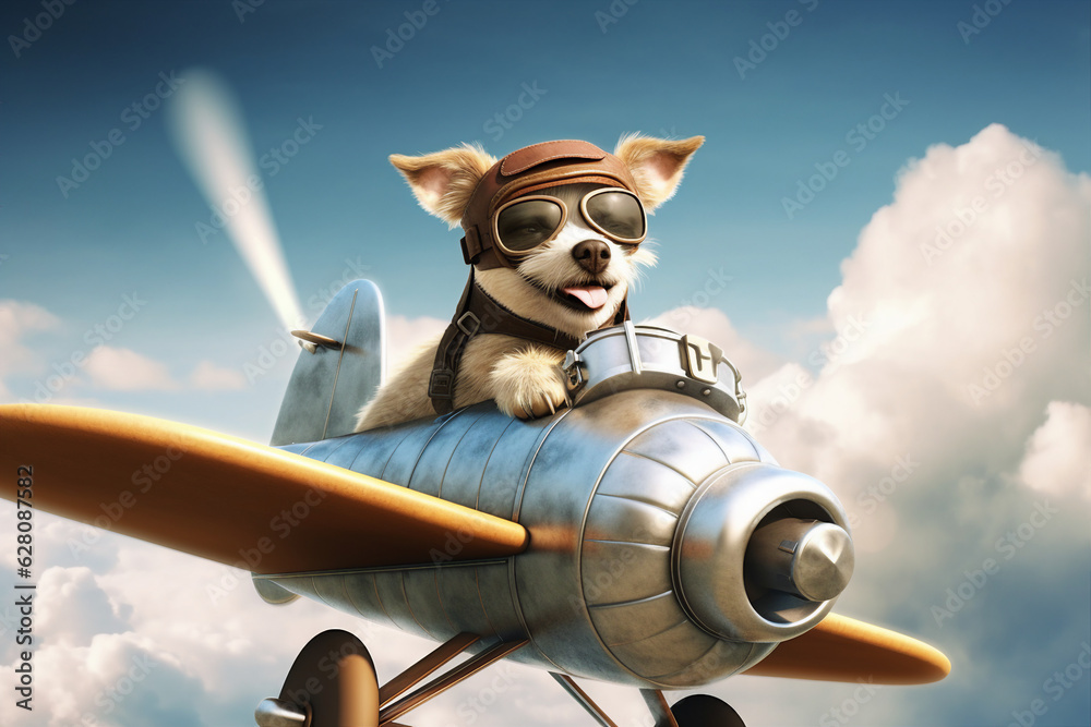 Creative template graphics image of funny dog flying vintage airplane ...