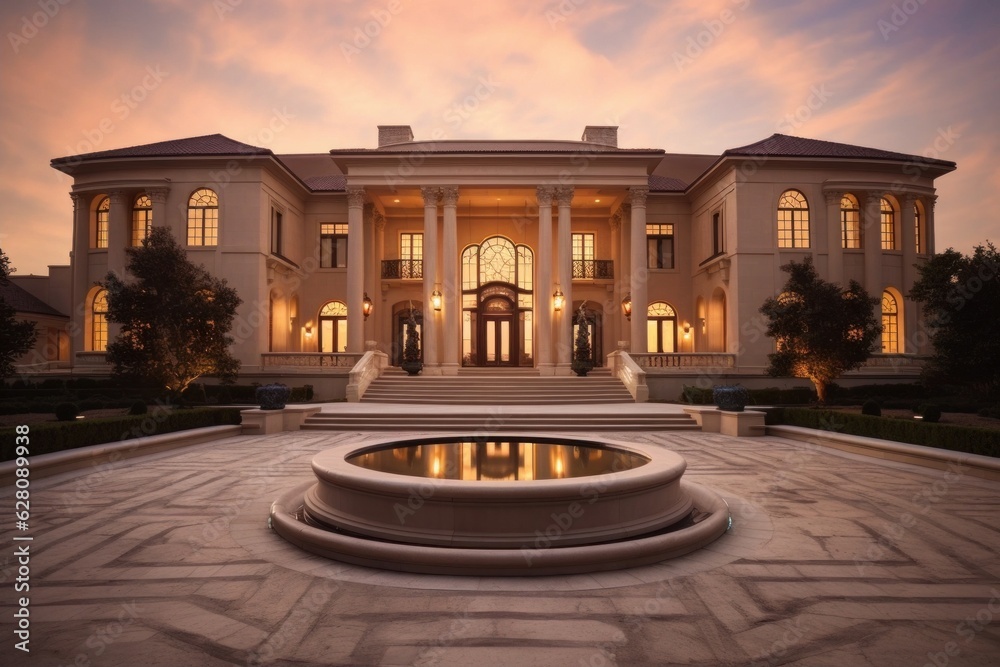 Illustration of a grand mansion with a majestic fountain in the front ...