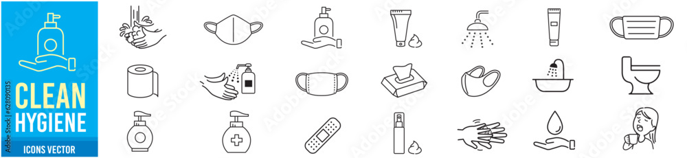 Clean Hygiene Washing hands Bath Mask Shower editable icon set ...