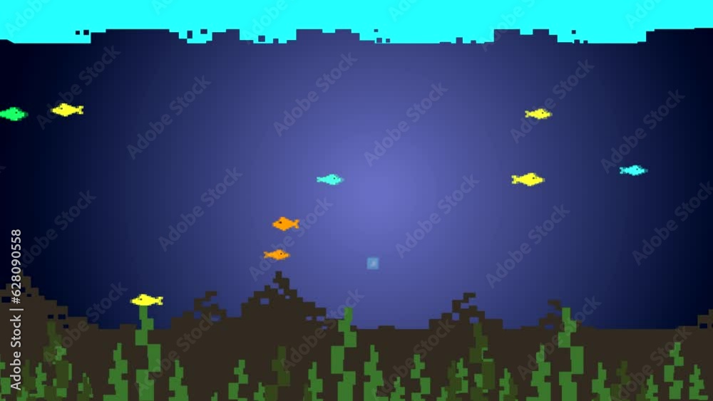 8-bit style animation of fish swimming under the sea, old game, pixel ...