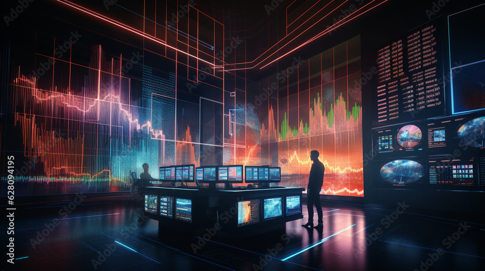 Create a futuristic trading office with holographic price charts ...