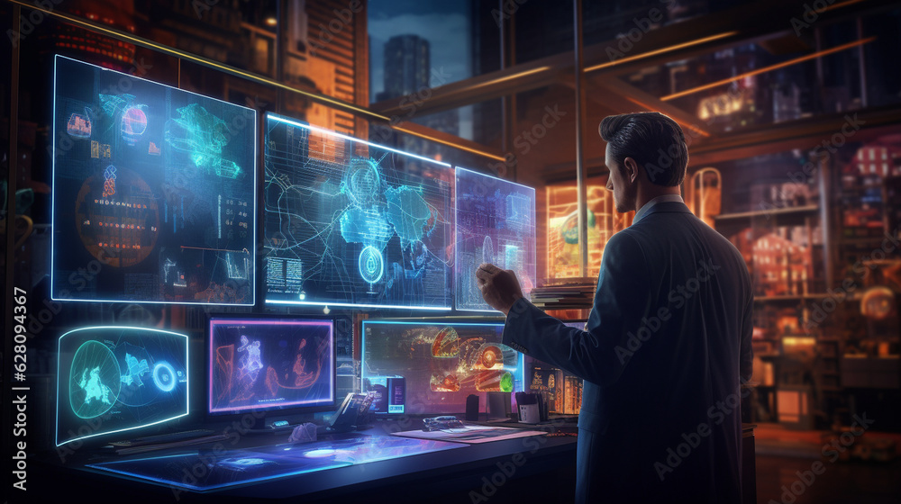 Illustrate a futuristic holographic trading desk, where a trader ...