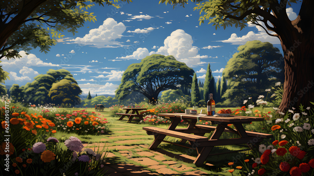 Summer picnic in a green park nature illustration desktop wallpaper ai ...