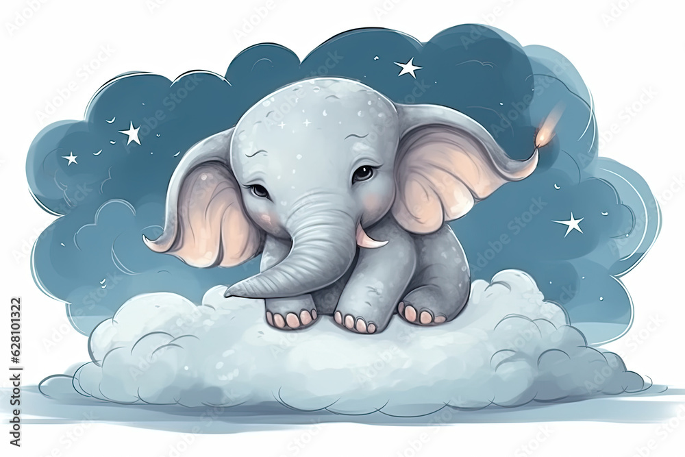 Illustration of dreaming baby elephant on a floating cloud in heaven ...