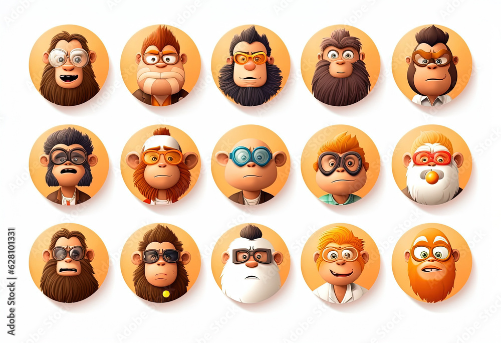Set of badges of ape persons, avatars, monkey heads of different age ...