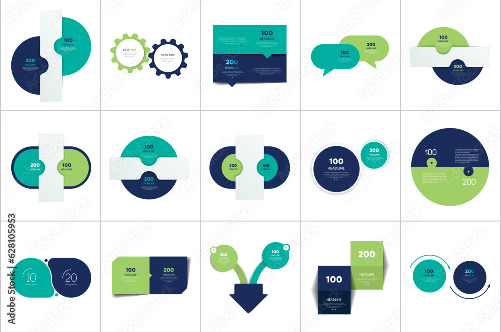 Mega set of two elements, steps chart, diagram, scheme. Circle, round ...