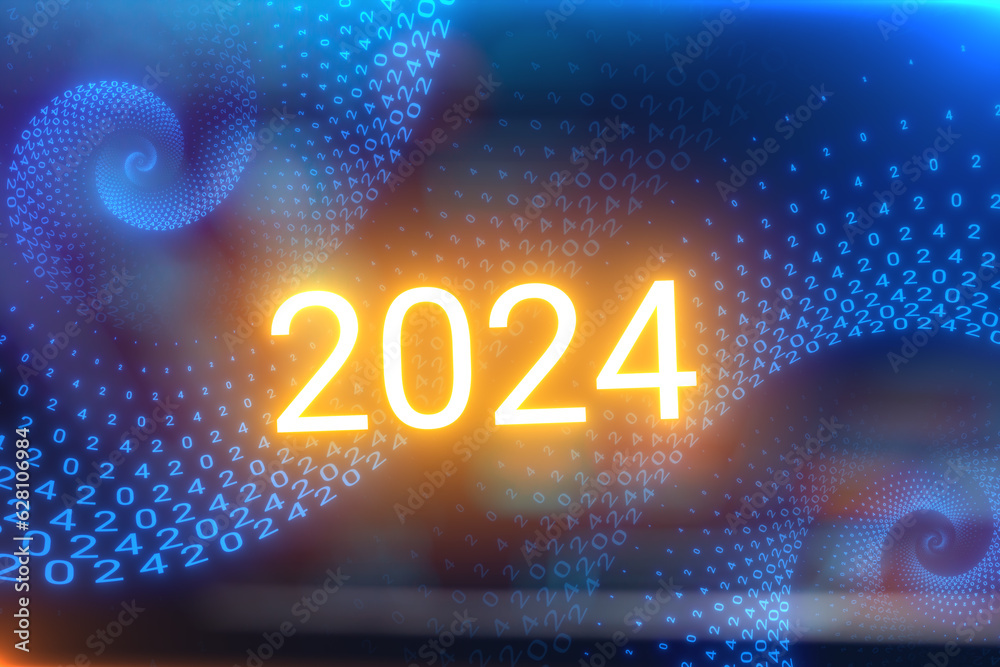 2024 yellow glowing letters on blue background. Concept of new year ...