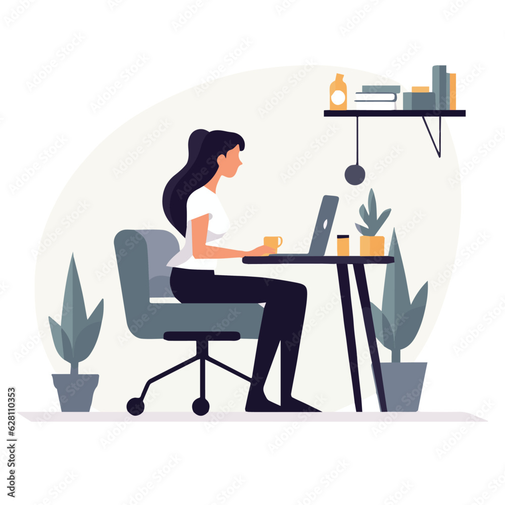 professional woman sitting with computer laptop working in flat design ...