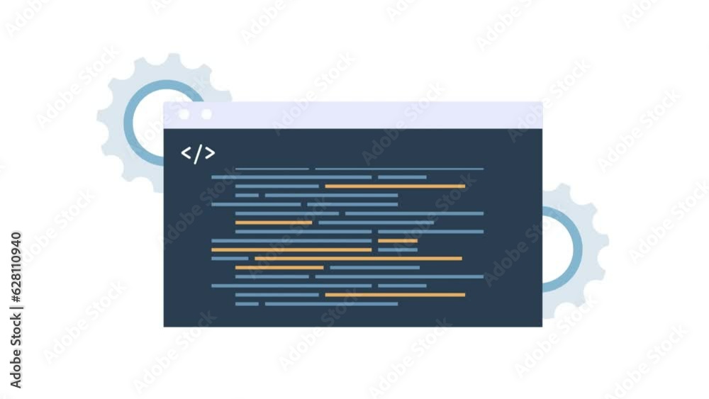 Source code scrolling with gear element, animated scene explanation ...