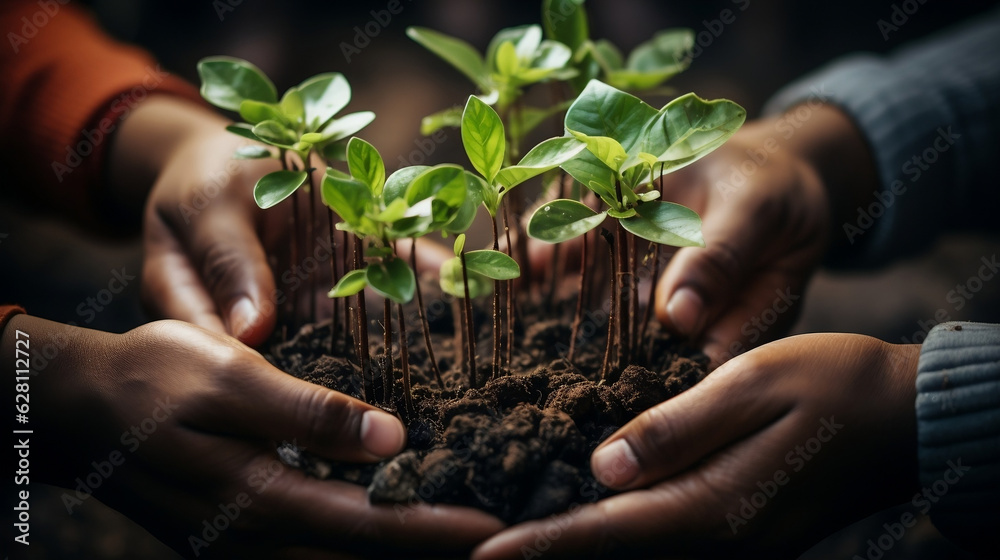 hands holding plant. Environmental cooperation. Unity of black people ...