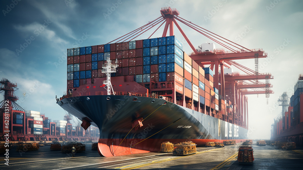 the impressive sight of a container ship's hull rising above the dock ...