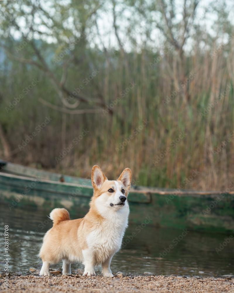 dog near rowboat at lake. funny welsh corgi pembroke. Pet on vacation ...