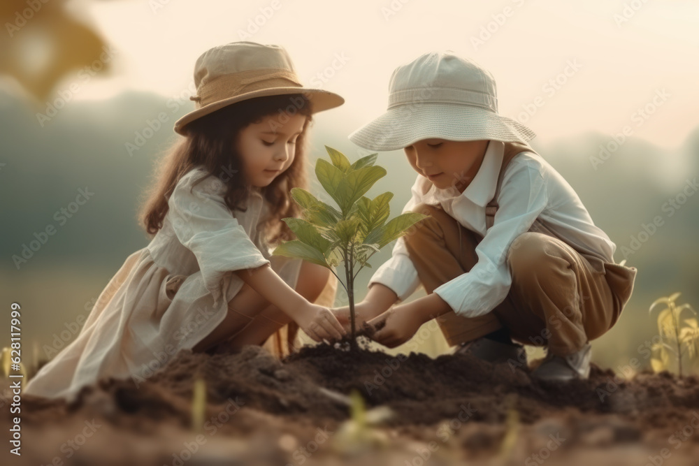 Two children planting a tree, sowing hope for a greener and more ...