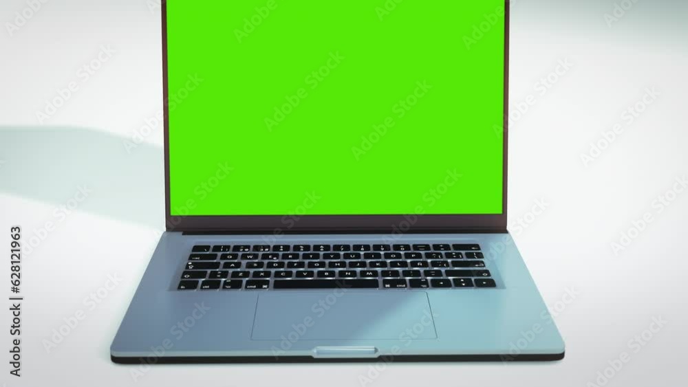 Display Laptop opens on white background. Empty Greenscreen ...