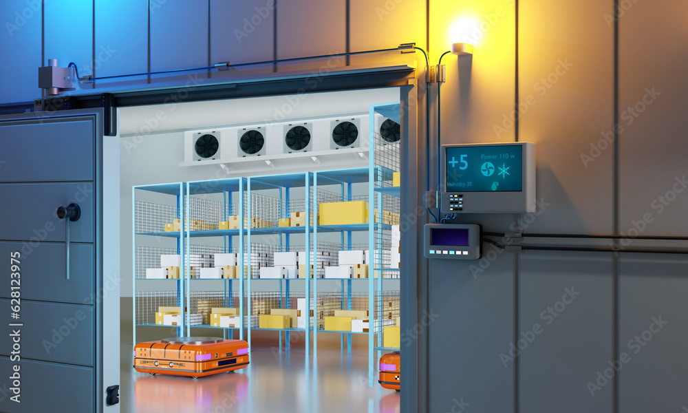 Industrial refrigerator. Frost equipment in warehouse of factory ...