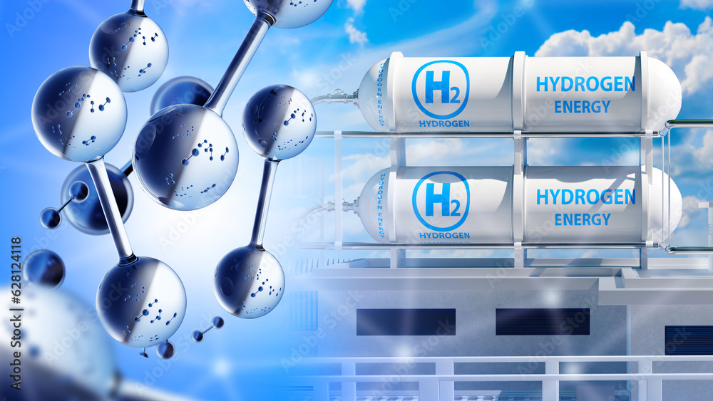Hydrogen energy. H2 molecules close-up. Industrial tanks with hydrogen ...