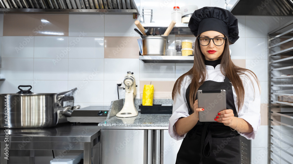 Woman cook. Girl confectioner. Restaurant kitchen staff. Chef with ...