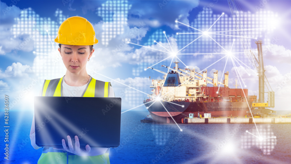 Foto de Logistic woman. Ship is sailing in sea. World map metaphor for ...