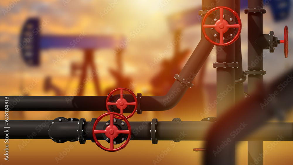 Foto de Oil pipes at sunset. Pipeline at field. Oil pumps are covered ...