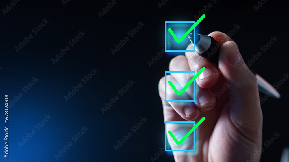 Digital checkbox. Man's hand puts ticks. Checkbox on invisible screen ...