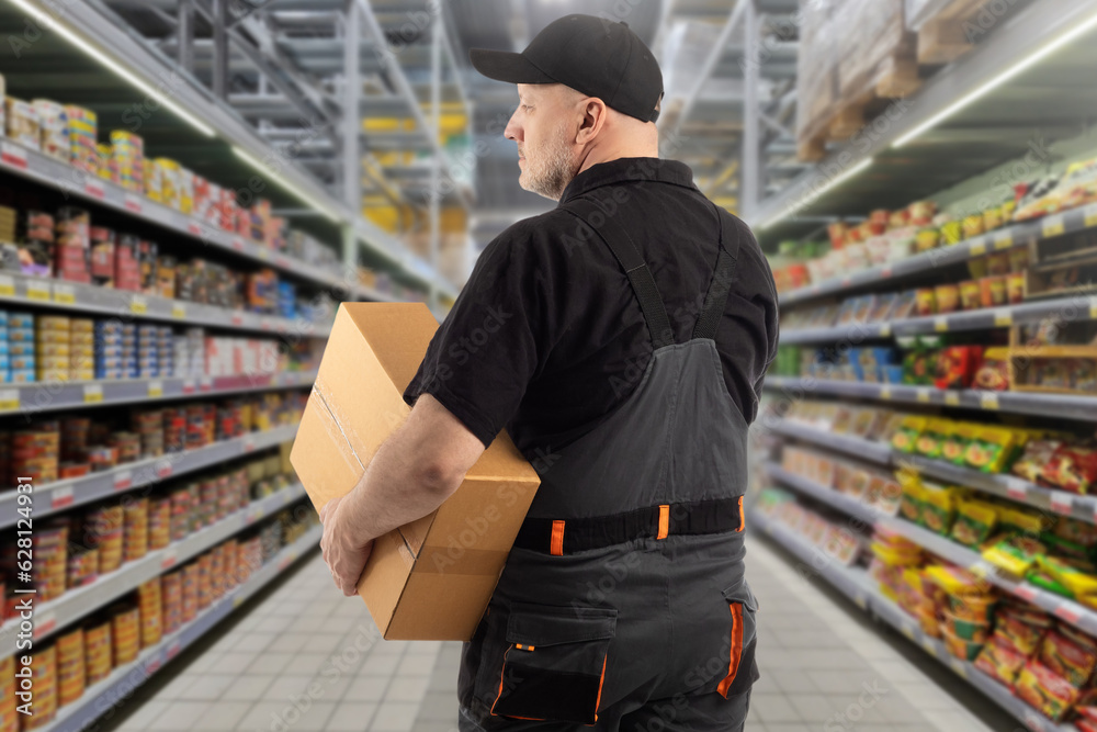 Supermarket employee. Man with box with his back to camera ...