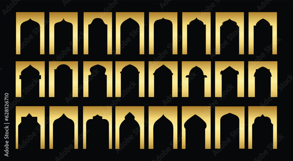 Islamic golden door and Arabic window. Islamic mosque frame. Muslim ...