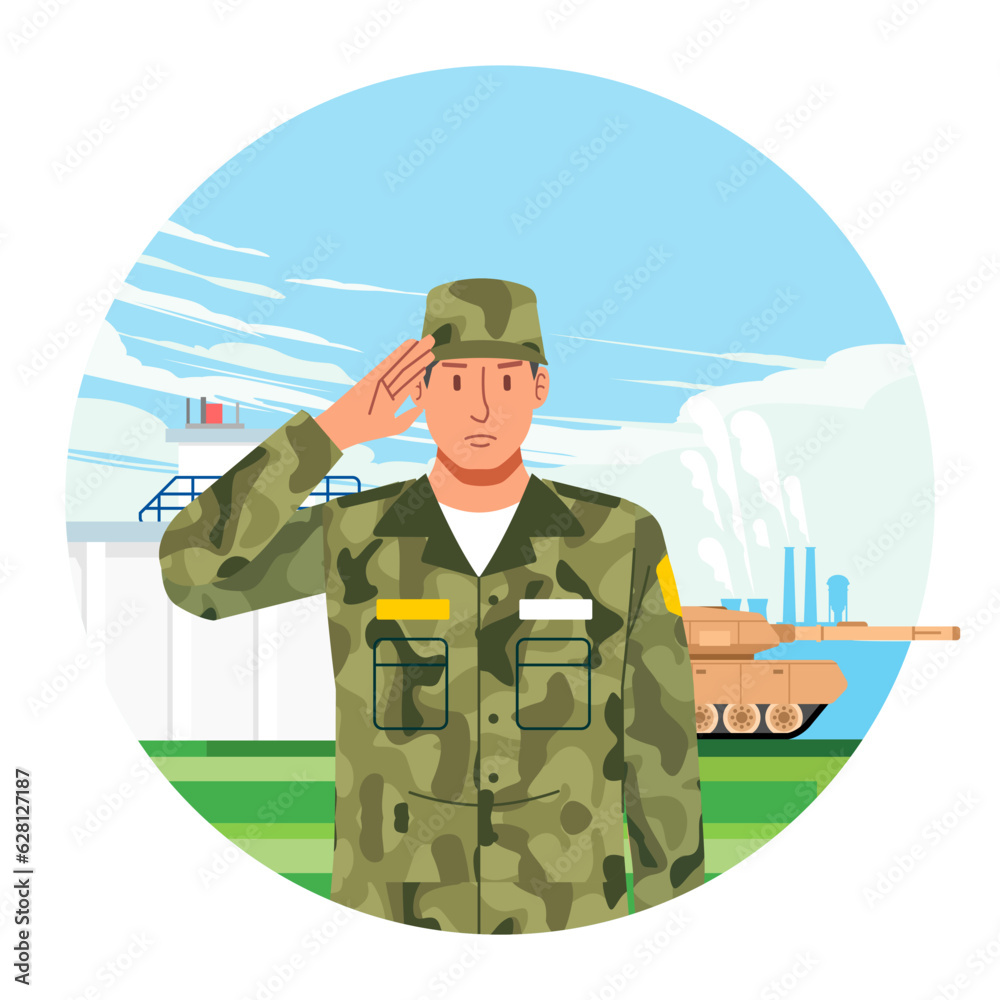 Stand by portrait army in camouflage uniform salute on military base ...