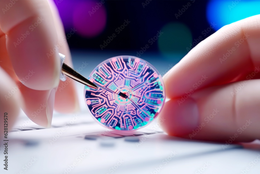 Scientist's hands with a unique brain implant chip in gloves. This ...