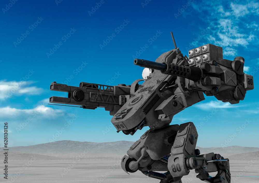 combat mech in brace fire pose on desert after rain close up view Stock ...
