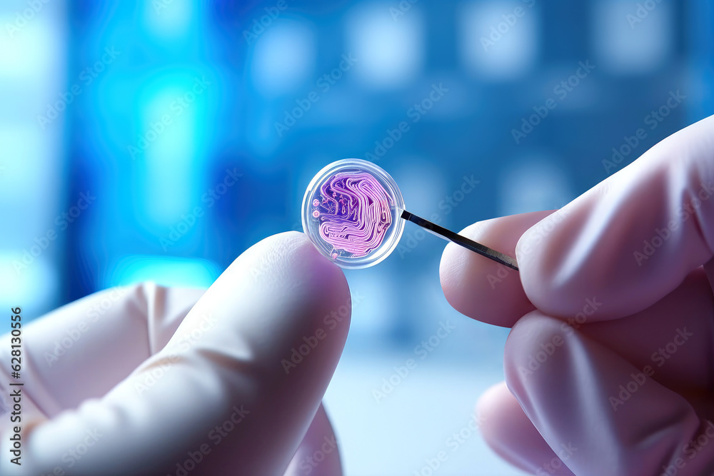 scientist's hands hold a neural computer interface chip, brain implant ...