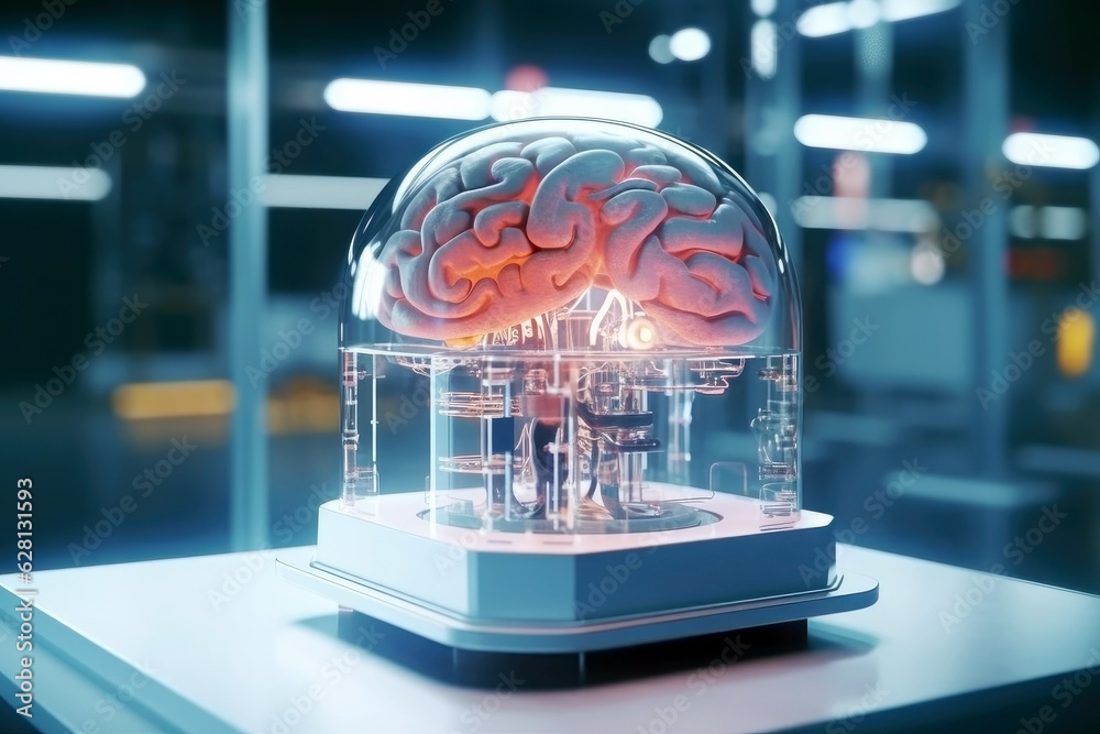 Modified brain behind transparent glass in a futuristic laboratory ...