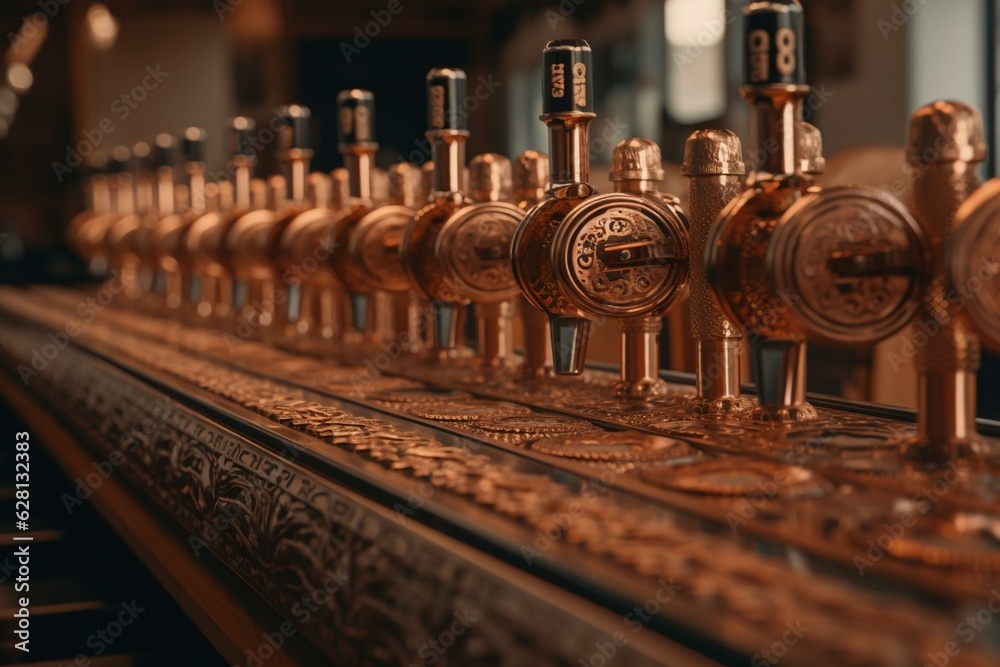 Rotating beer taps arranged on a copper pipe bridge. Generative AI ...