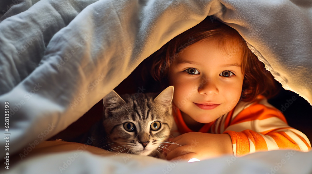 Enchanting moment of child and kitten delightfully exploring a homemade ...