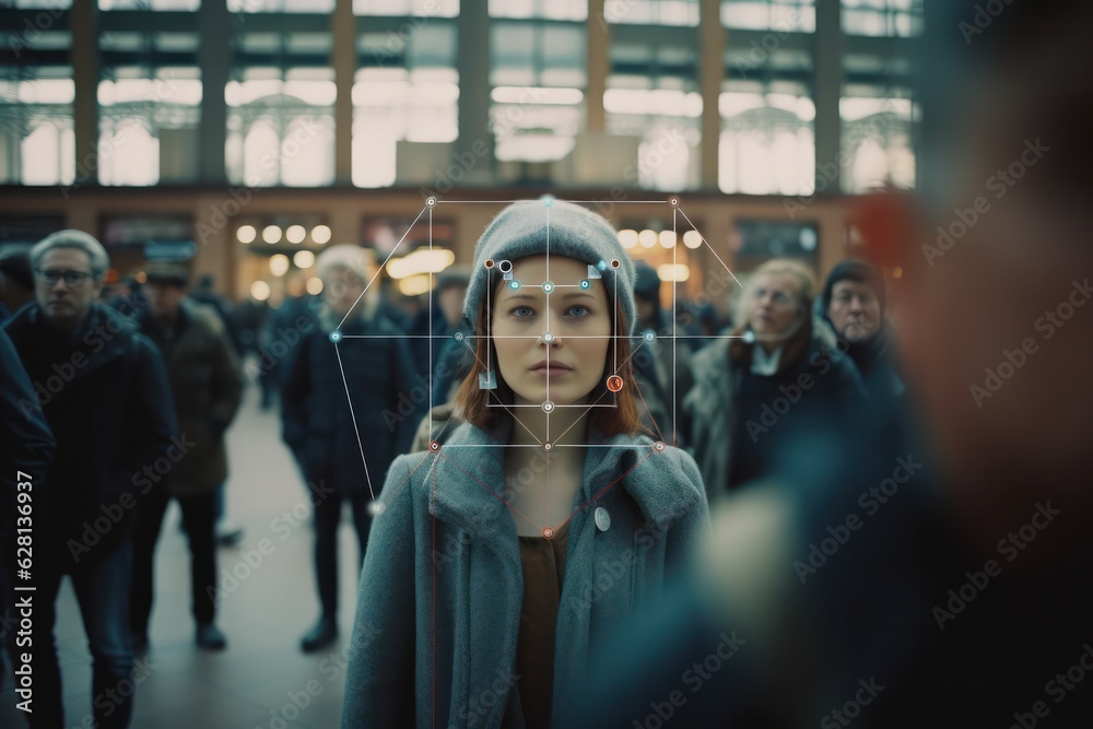 Face Detection Technology Recognizing Young Woman In Crowd At Station