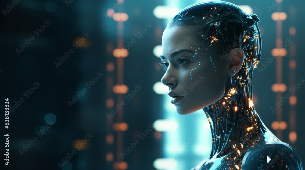 Humanoid female AI futuristic android, cyborg robot, vibrant neon neural network, futuristic ...