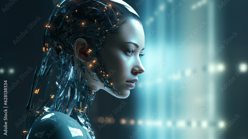 Humanoid female AI futuristic android, cyborg robot, vibrant neon neural network, futuristic ...