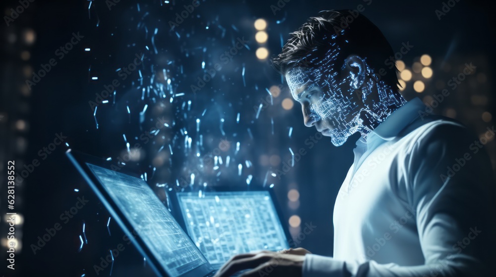 Humanoid female AI futuristic android, cyborg robot, vibrant neon neural network, futuristic ...