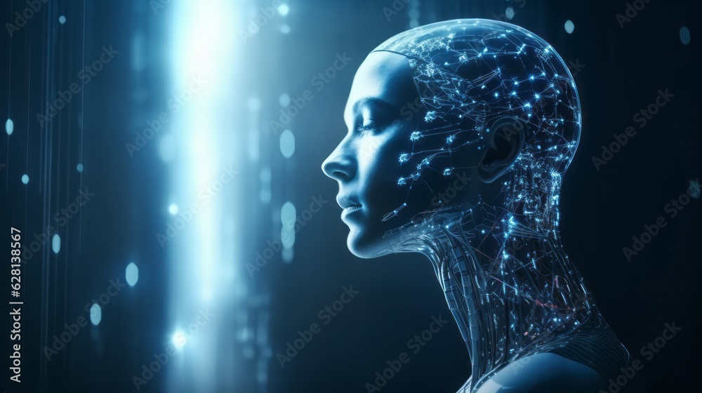 Humanoid female AI futuristic android, cyborg robot, vibrant neon neural network, futuristic ...