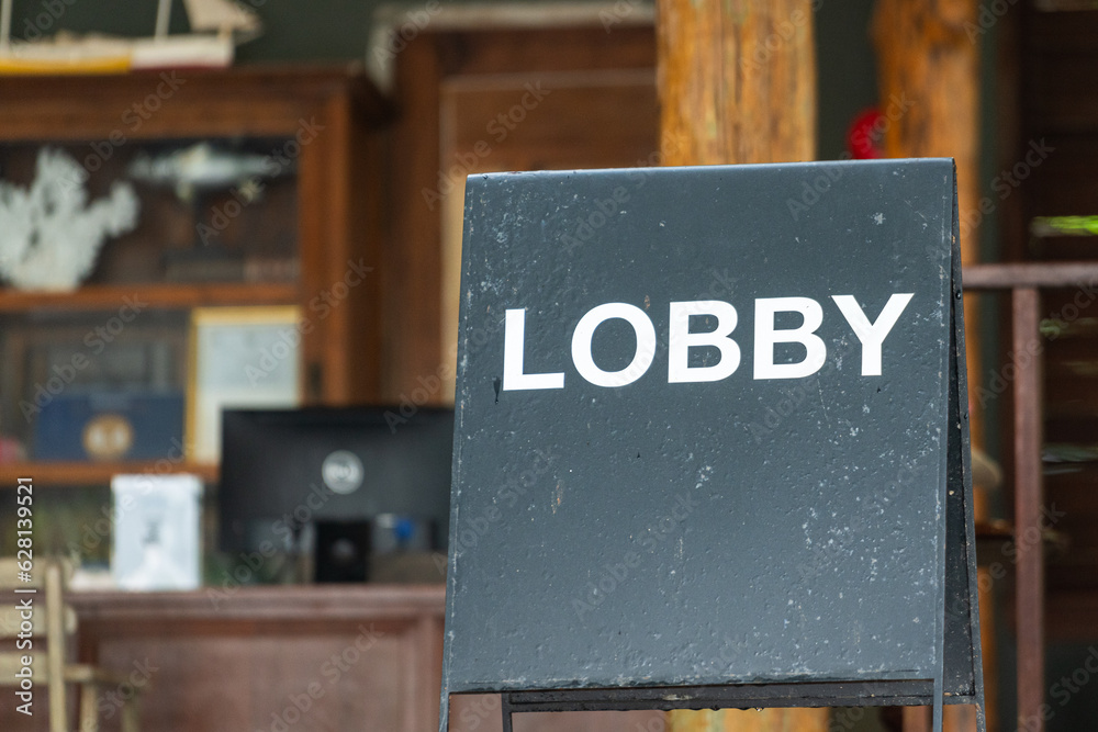 Hotel "Lobby" signboard which is made from black metal, design as retro ...