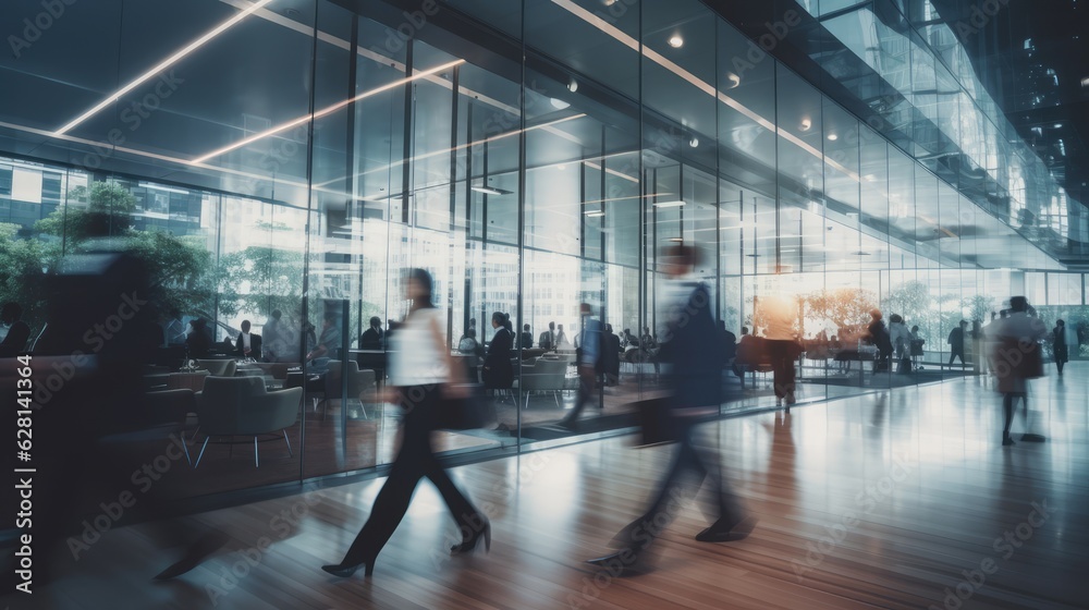 Blurred business people walk fast movement with meeting room in modern ...