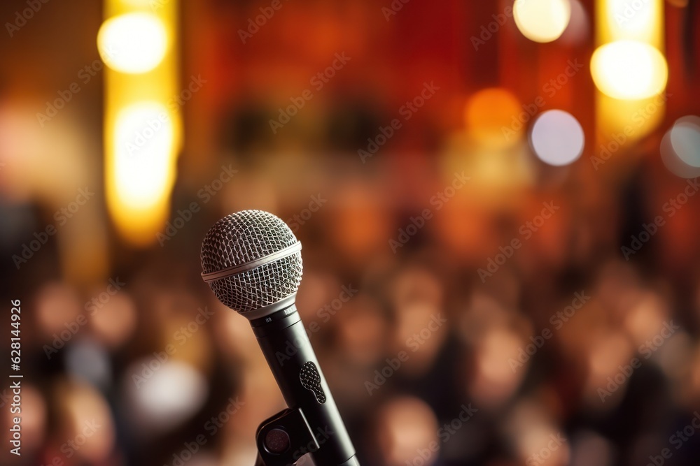 Dynamic mic against auditorium backdrop. Captivating public performance ...