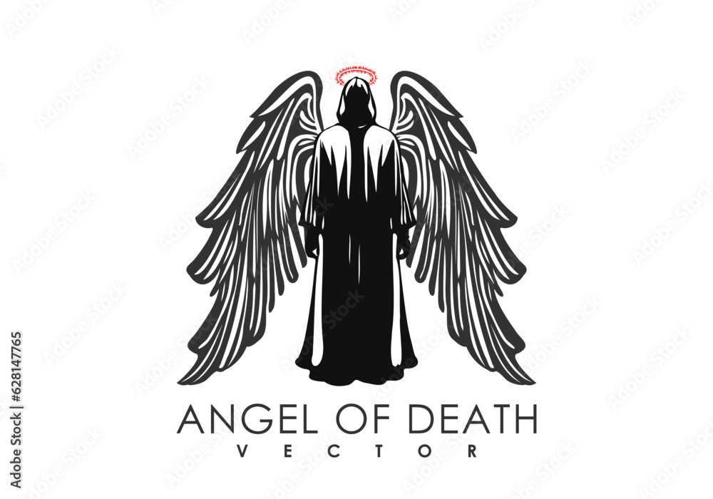 Vector logo or emblem. Graphic black winged angel of death with a red ...