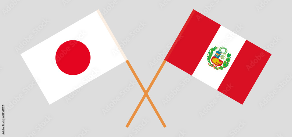 Crossed flags of Japan and Peru. Official colors. Correct proportion ...