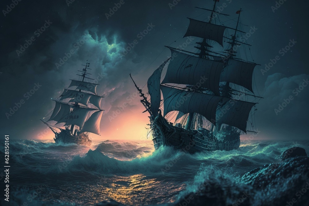 Medieval ships battling rough seas at night. Dramatic cinematic scene ...