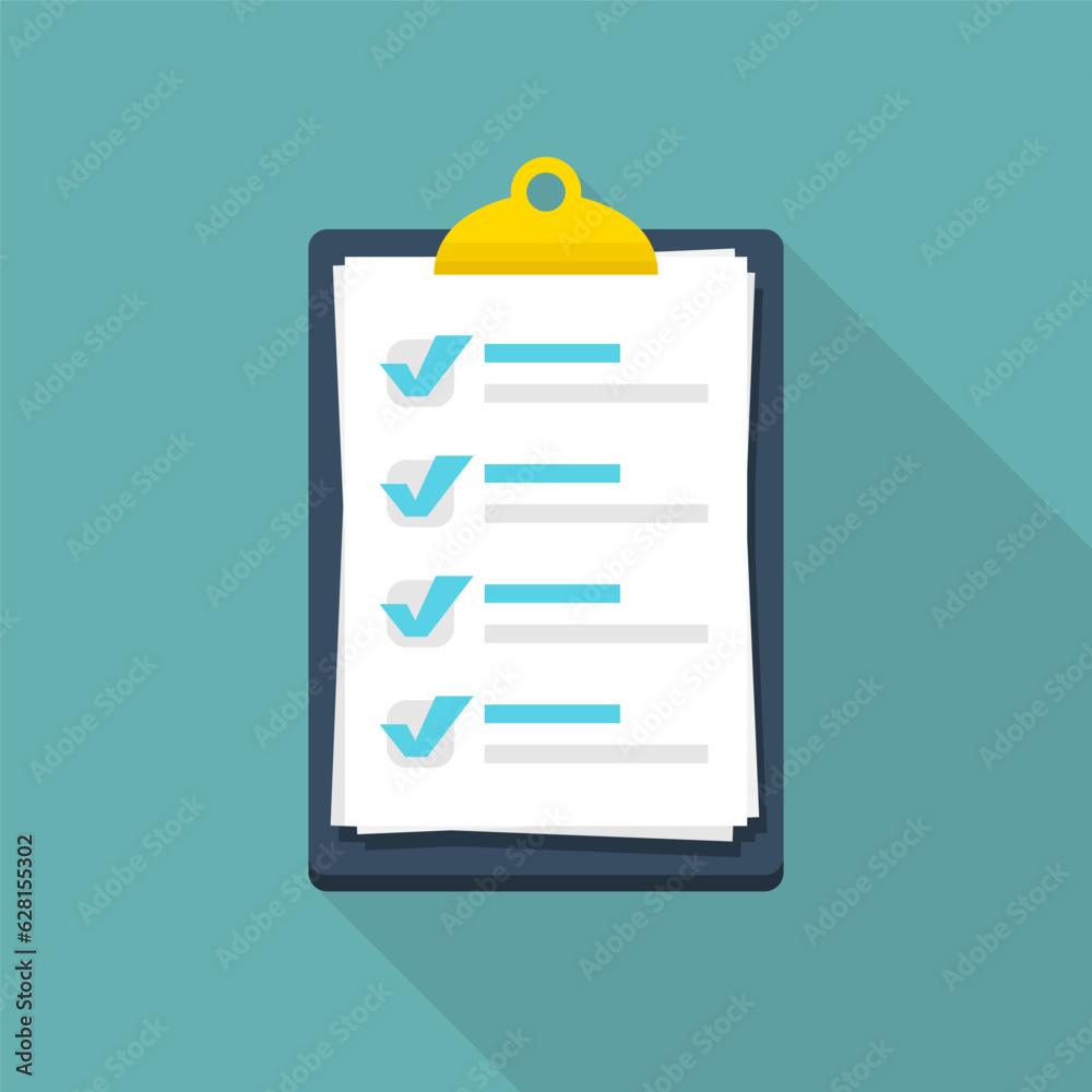 Clipboard with checklist paper sheets with shadow in a flat design ...
